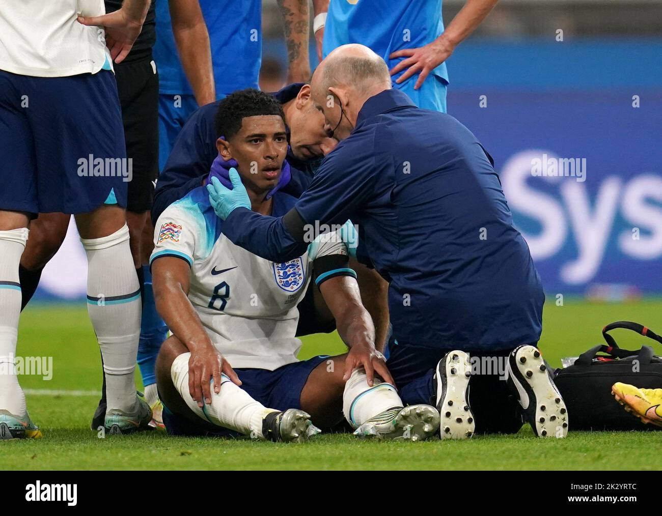 England's Jude Bellingham receives treatment for an injury during the ...