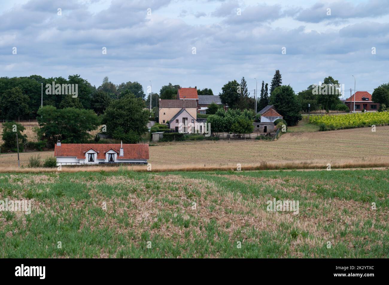 Rural scene over the green agriculture fields around the village ...