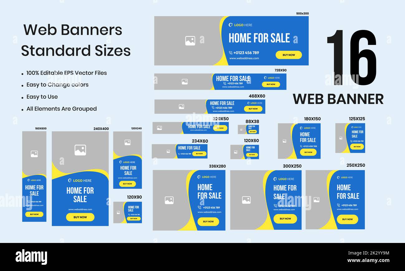 Real Estate web banner design template sets. Home for sale Square banners with standard sizes ...
