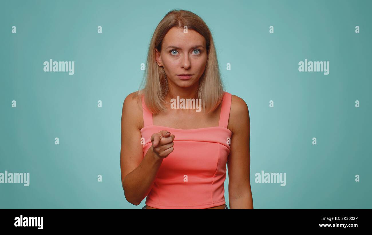 Quarrel. Displeased woman gesturing hands with irritation and ...