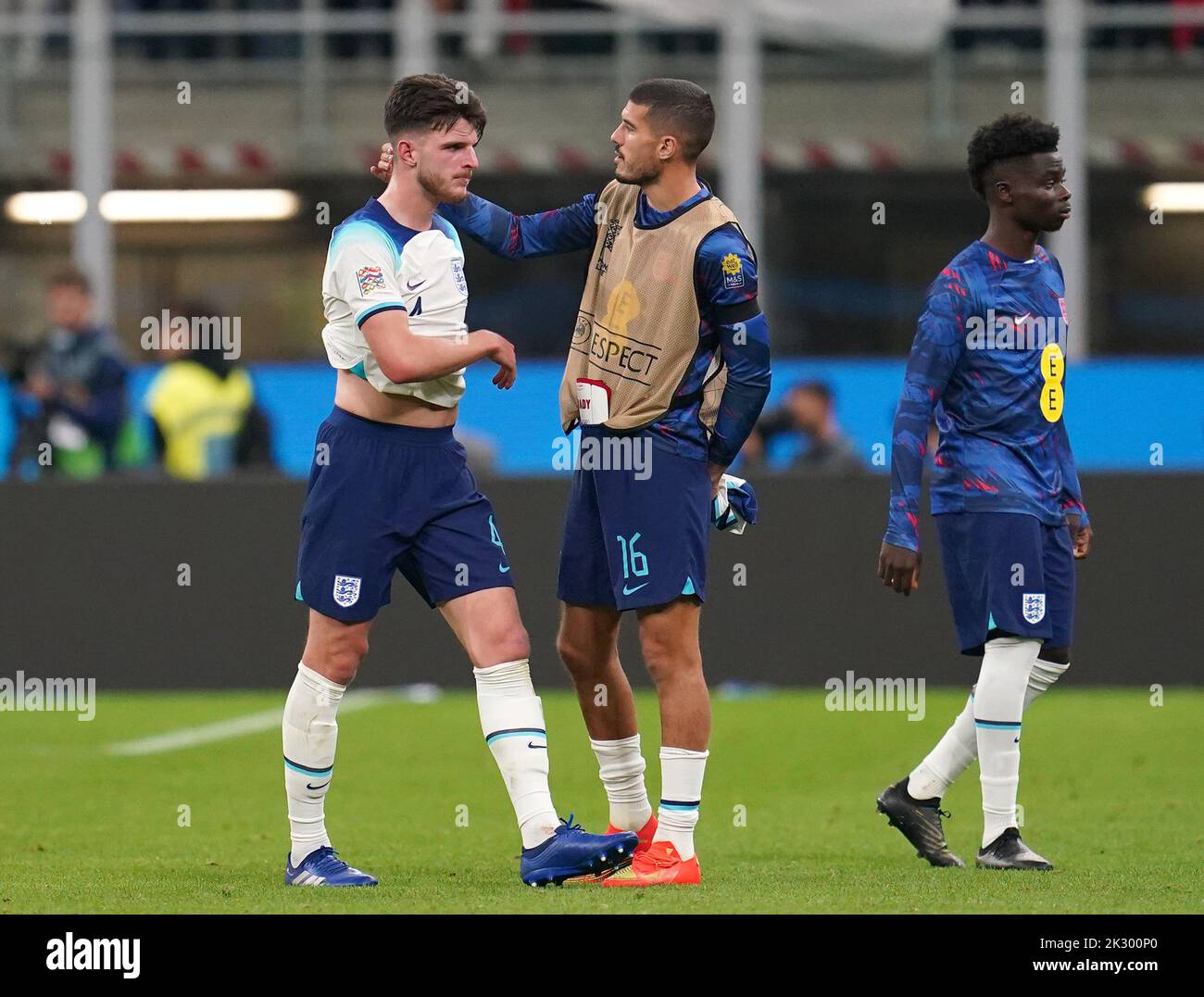 England's Declan Rice (left), Conor Coady (centre) and Bukayo Saka ...