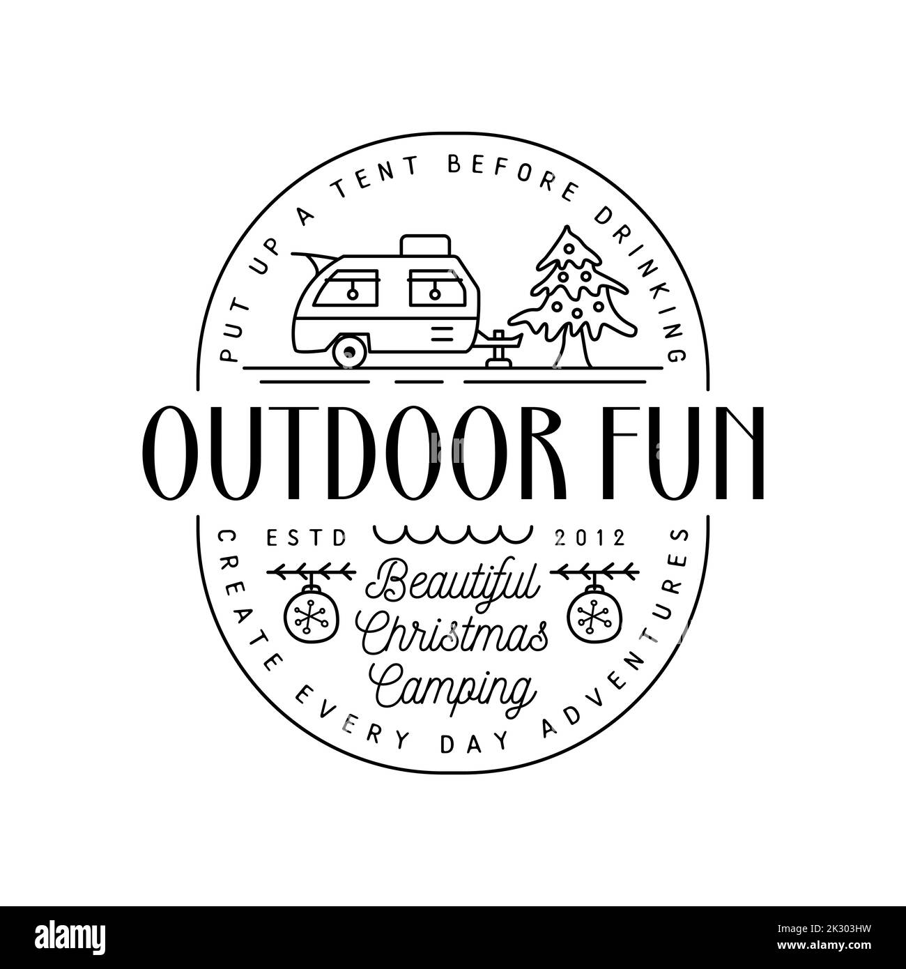 Camping christmas badge design with RV trailer in line art style and ...