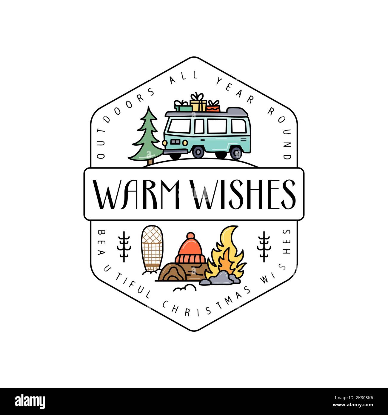 Camping christmas badge design with RV trailer in line colorful art ...