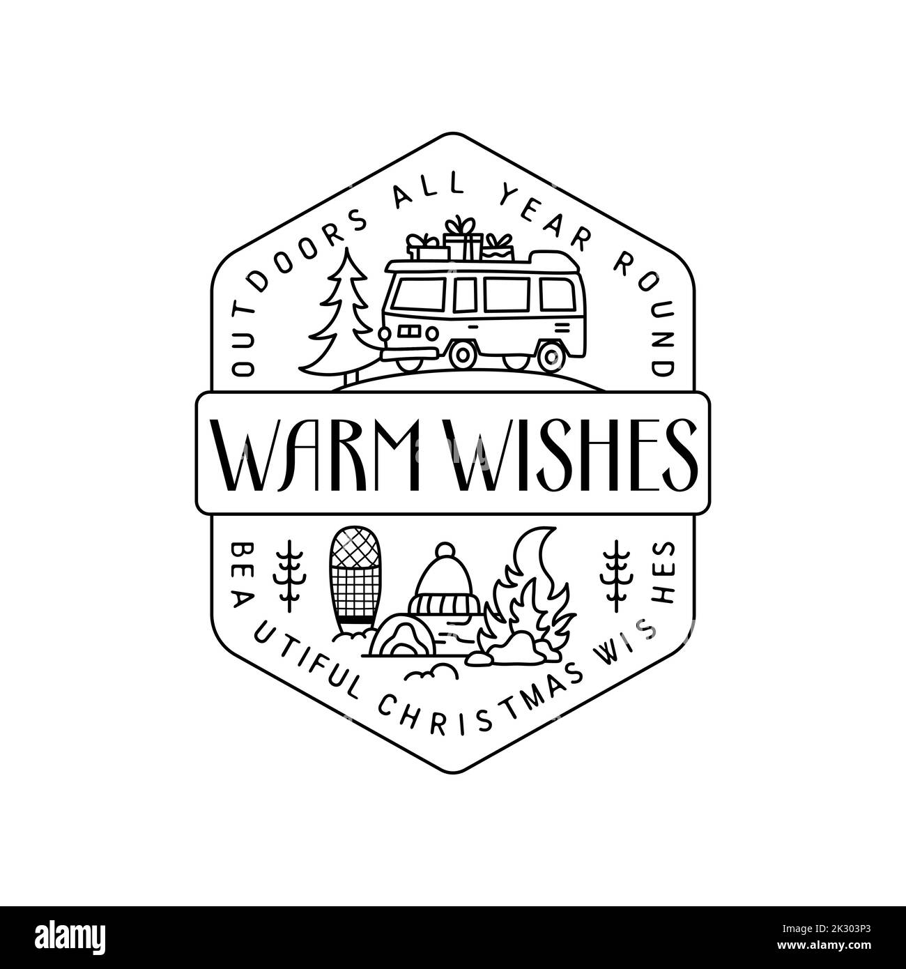 Camping christmas badge design with RV trailer in line monochrome art ...