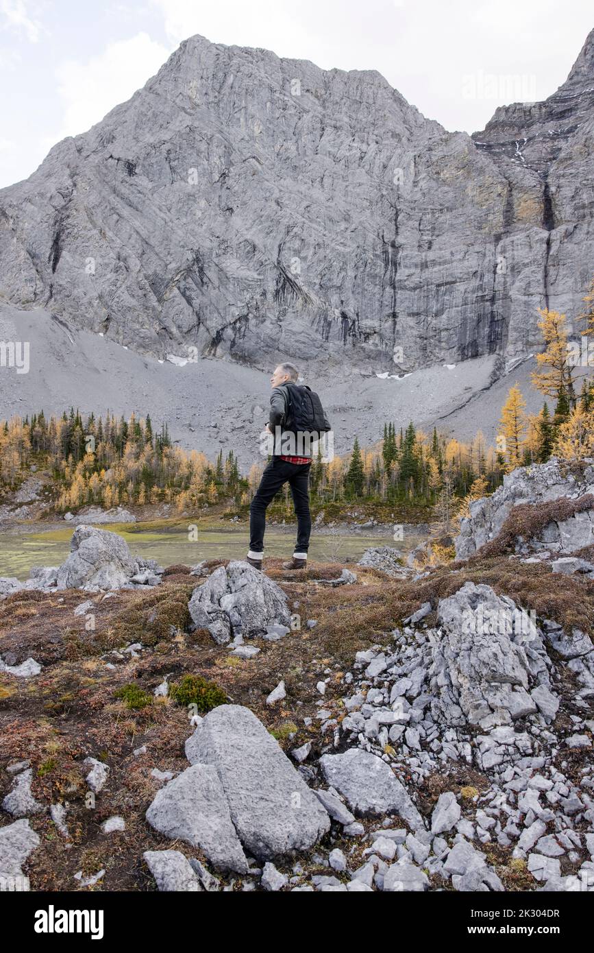Senior man backpacking in rugged remote autumn mountains Stock Photo ...