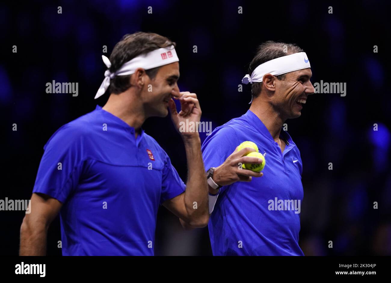 Team Europe's Rafael Nadal (right) and Roger Federer on day one of the Laver Cup at the O2 Arena ...