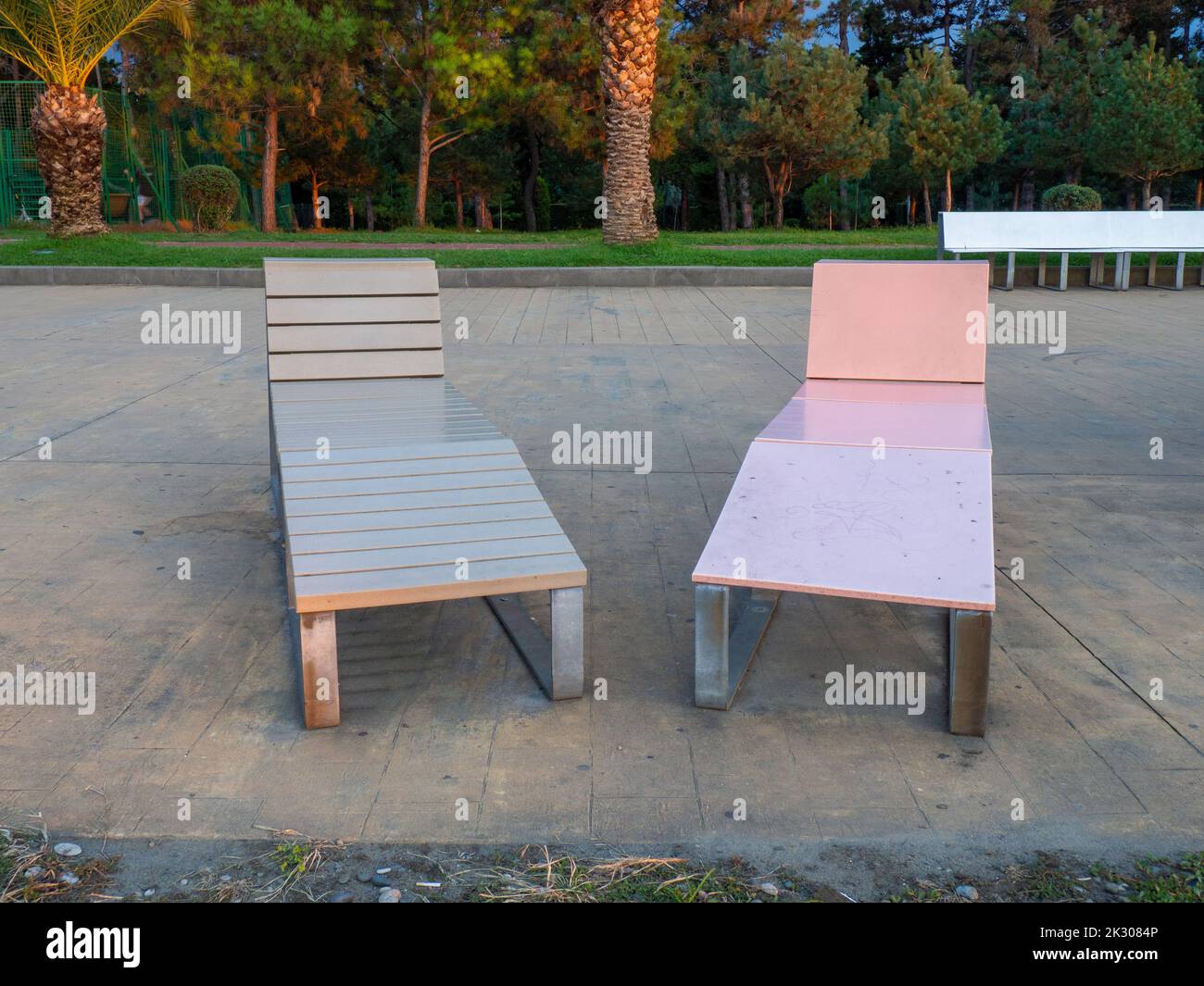 Bench for lying. Bench on the seafront. Resort town. Place for ...