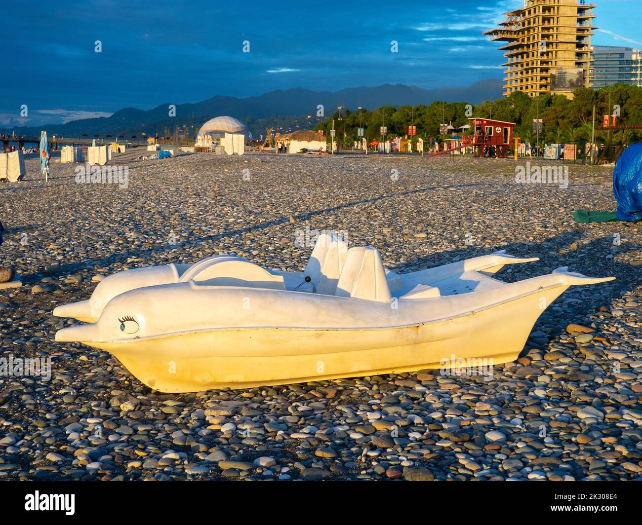 Catamaran in the form of a dolphin on the shore. A boat in the shape of ...