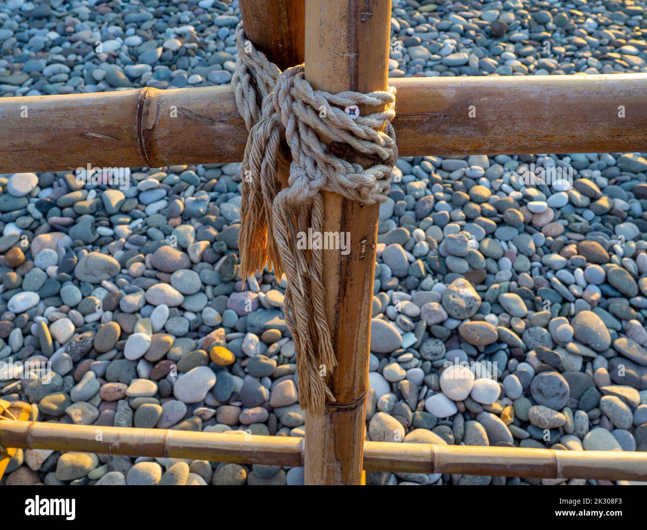 Bamboo sticks are tied with a rope. Close-up of the fence on the shore ...