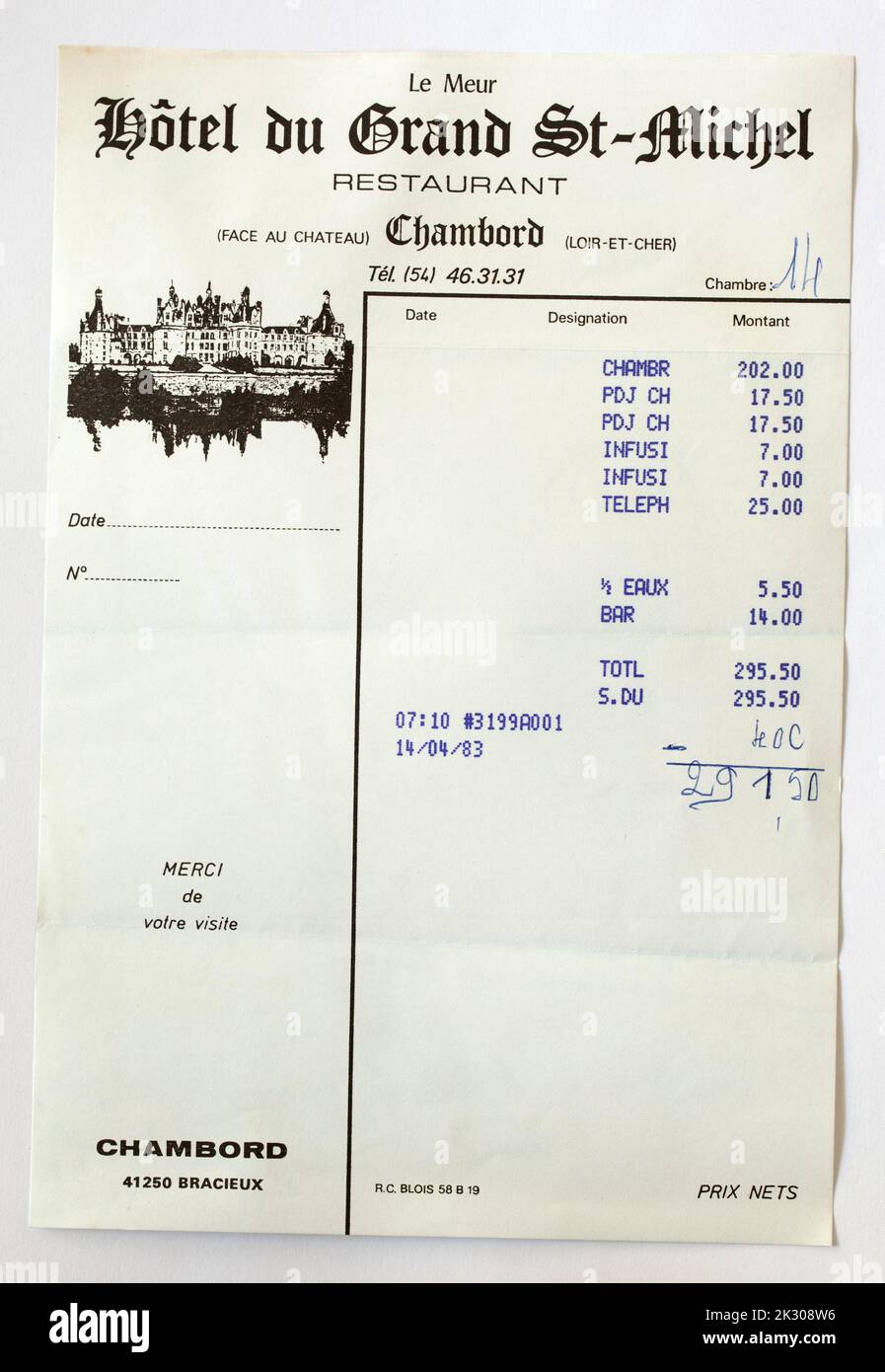 Old 1980s Customers French Hotel Invoice Bill Stock Photo - Alamy