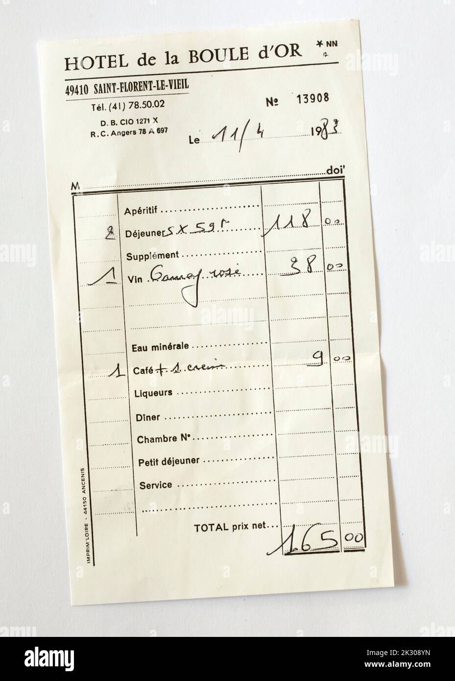 1980s French Hotel Invoice Receipt Bill - Hotel de la Boule D'Or Stock ...