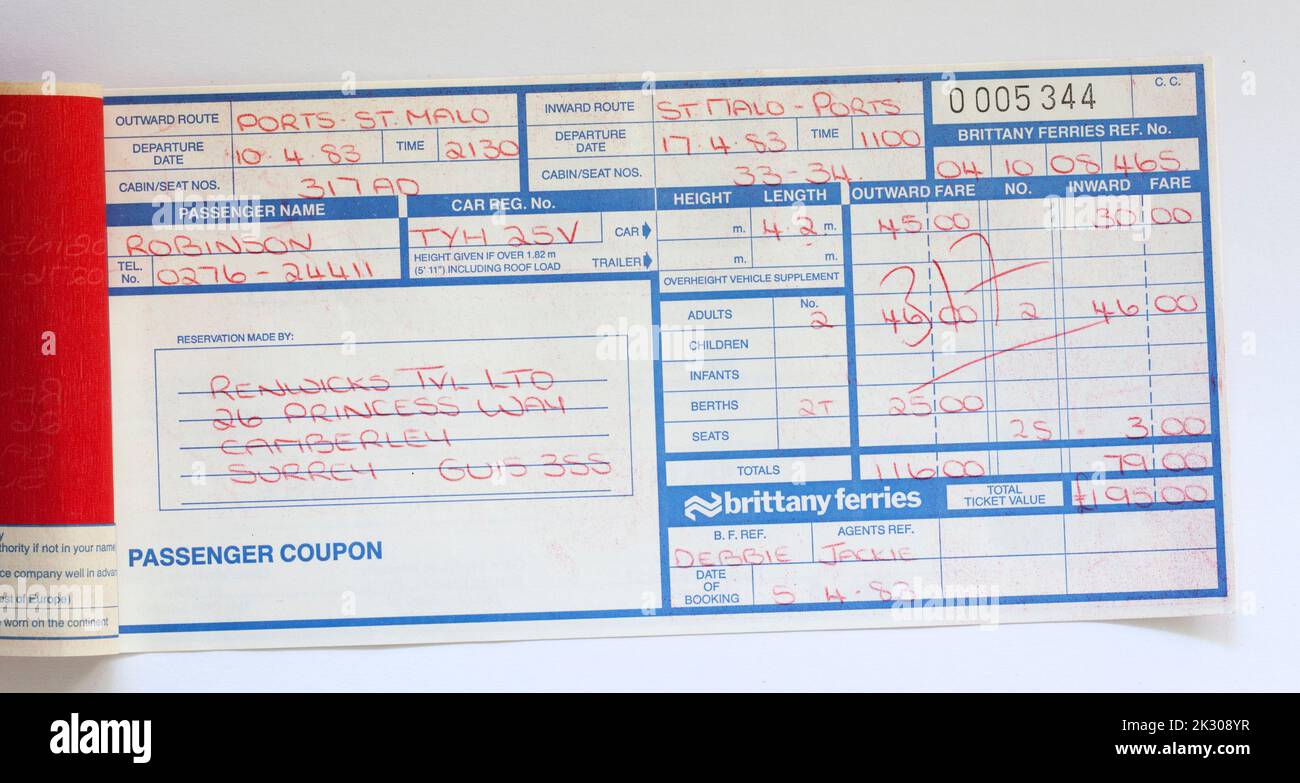 Old 1980s Paper Brittany Ferries Cross Channel Ferry Ticket ...