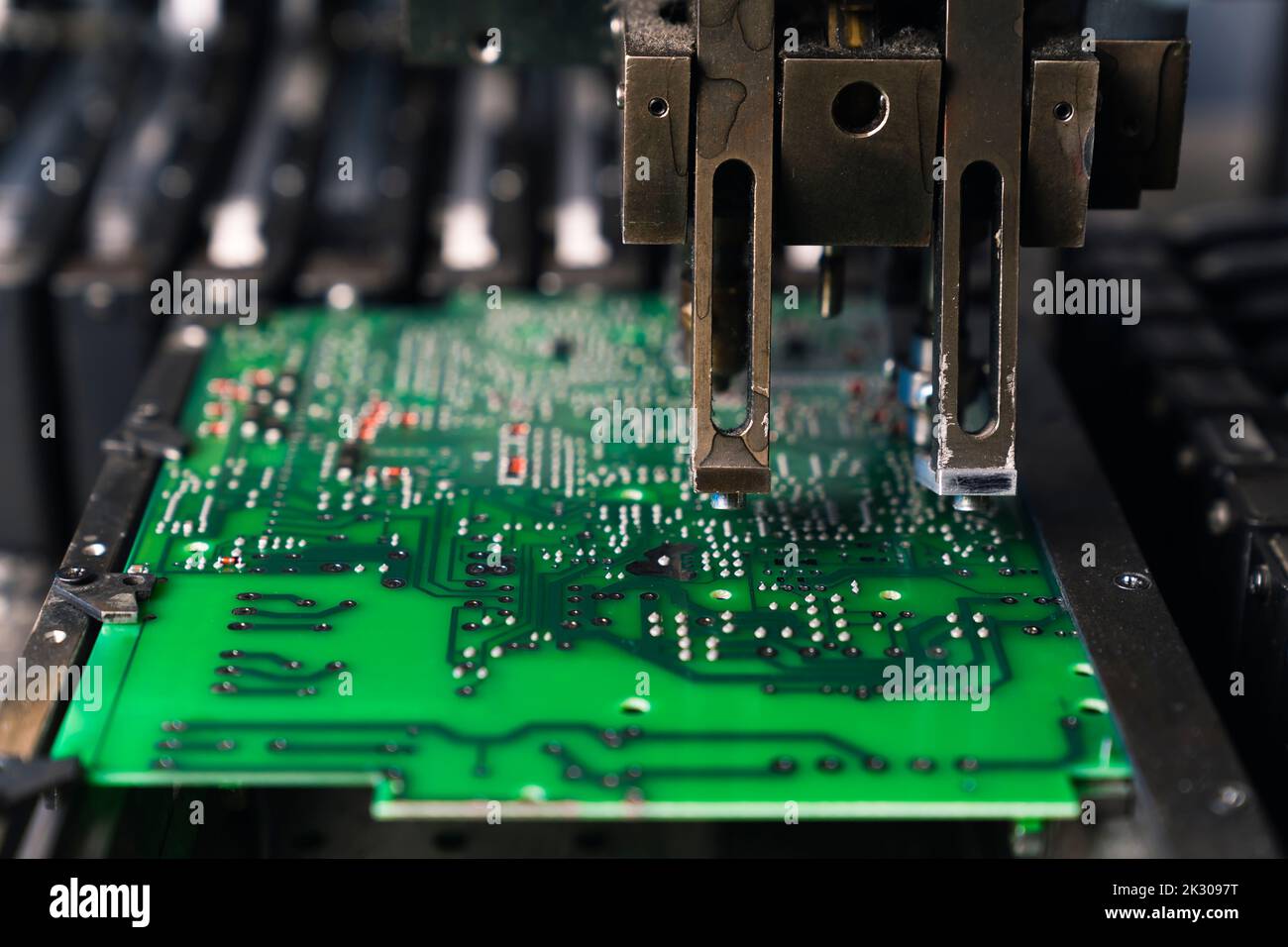 Technology and its basics. Macro closeup shot. Vivid green printed ...