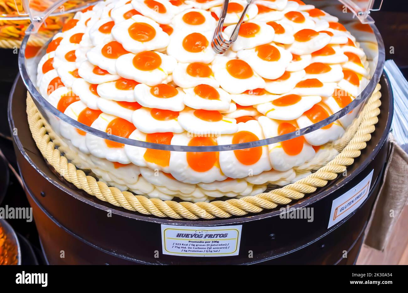 Huevos fritos sweets sold at Captain Candy shop, Seville, Spain Stock ...