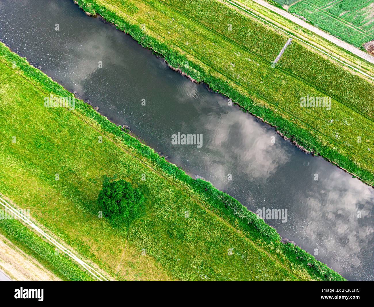 An aerial view of parallel lines of a water canal and stripes of grass ...
