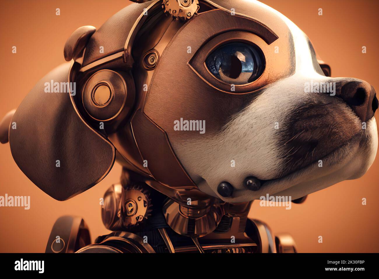 Illustration drawing of a puppy robot dog in close-up. Steampunk style ...