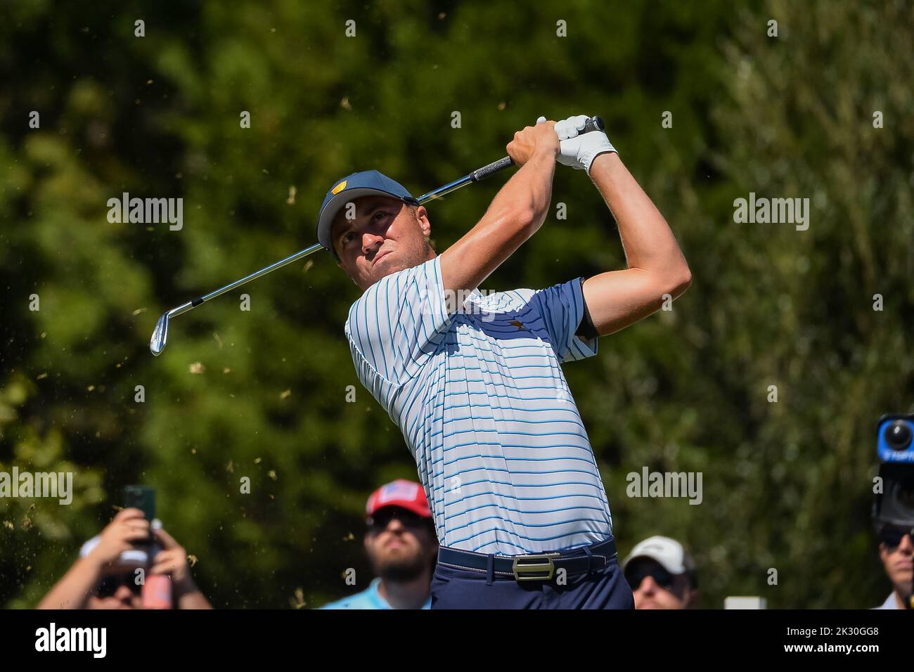 Charlotte, NC, USA. 23rd Sep, 2022. Justin Thomas hits his tee shot on the fourth hole during ...