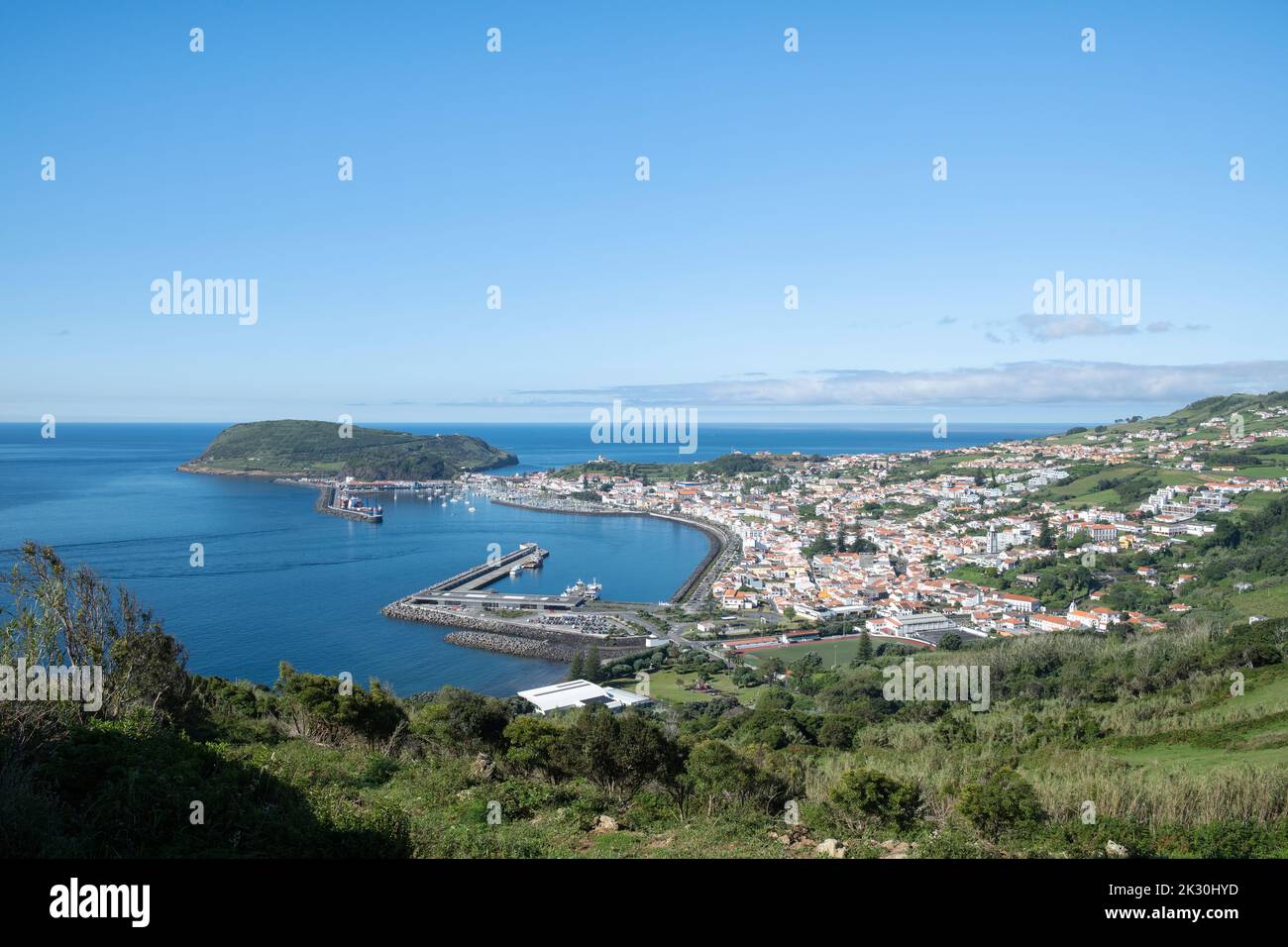 Portugal, Azores, Horta, View of coastal town on Faial Island Stock ...