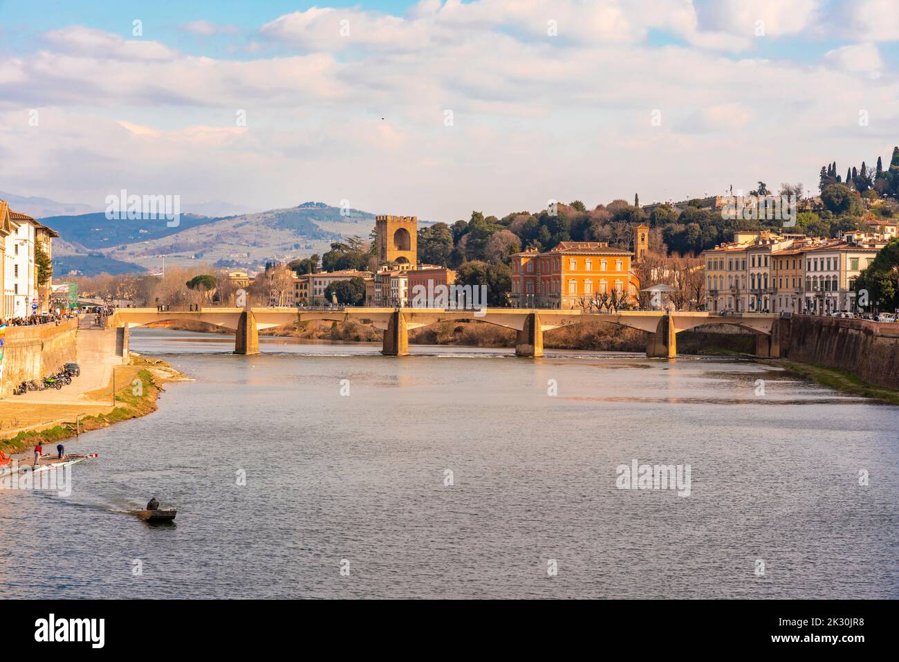Italy, Tuscany, Florence, Arno River and Holy Trinity Bridge at dusk ...