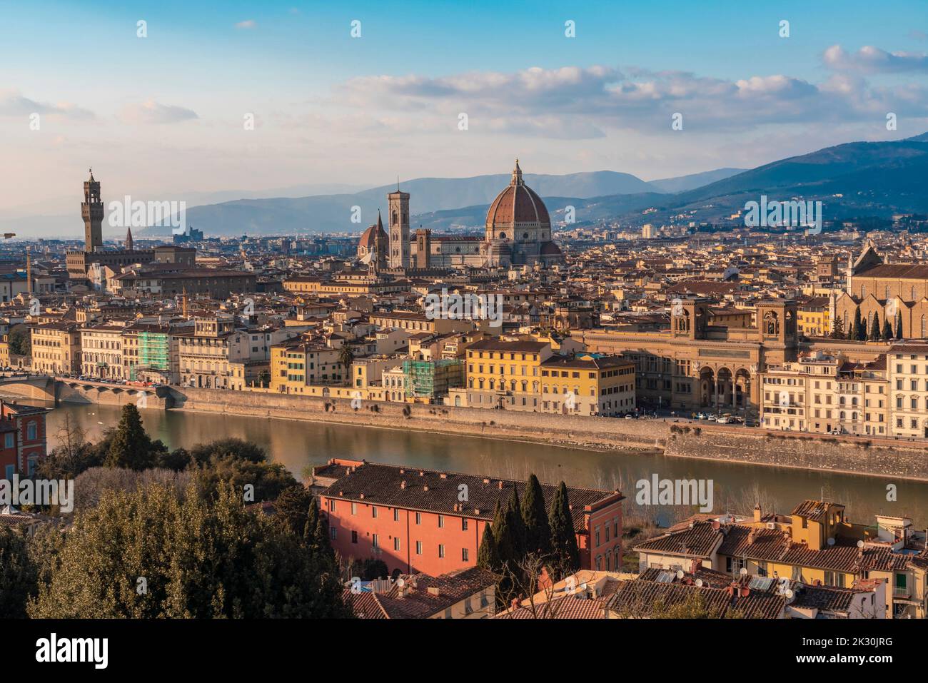 Italy, Tuscany, Florence, Arno River with Florence Cathedral and ...