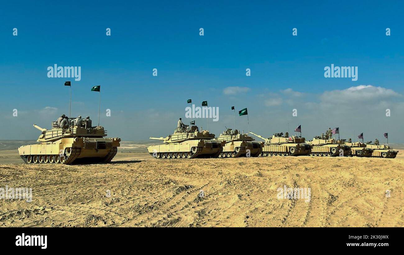 Several M1 Abrams tanks of the Royal Saudi Land Force and the U.S. Army ...