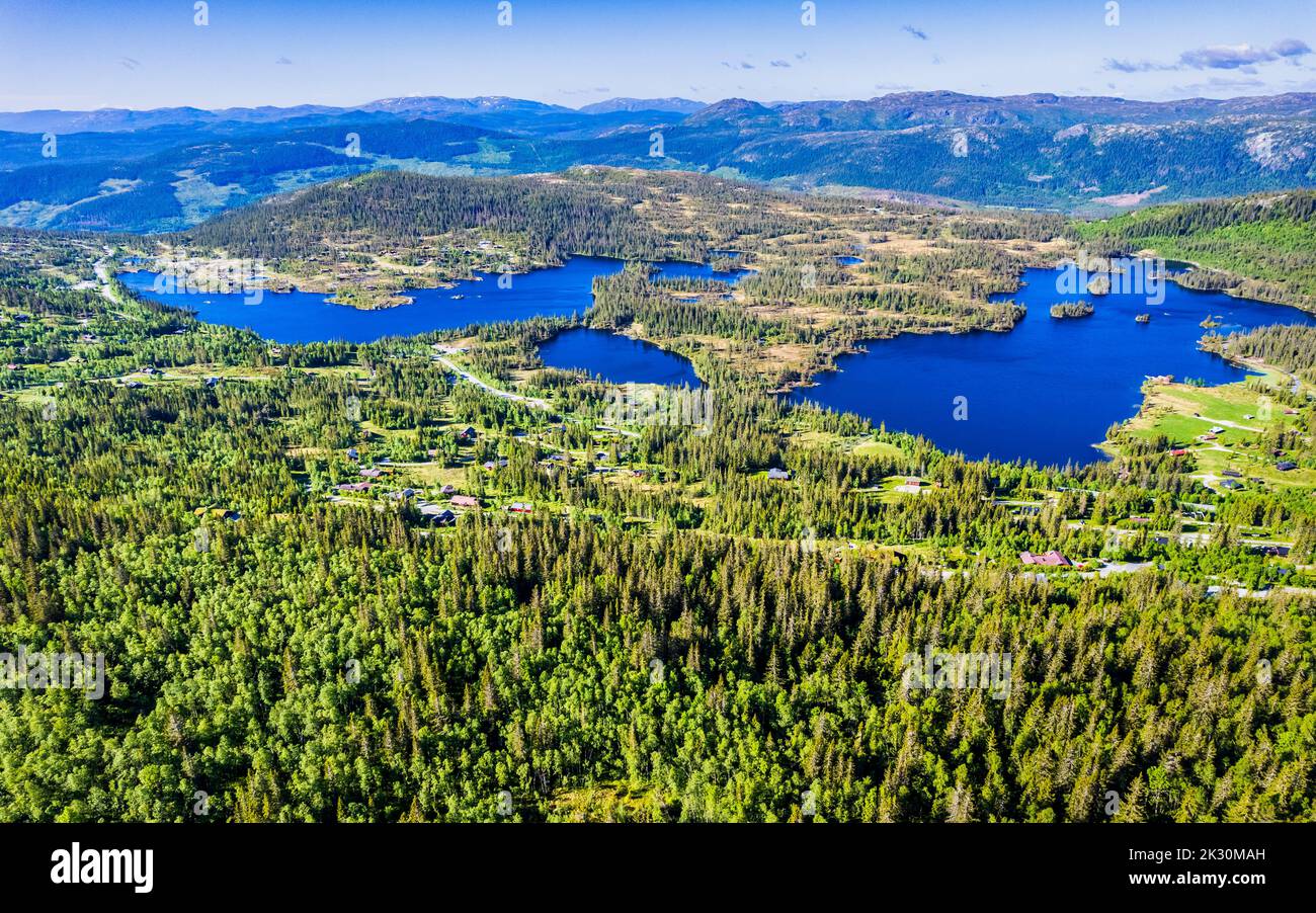 Norway, Vestfold og Telemark, Tuddal, Drone view of village in ...