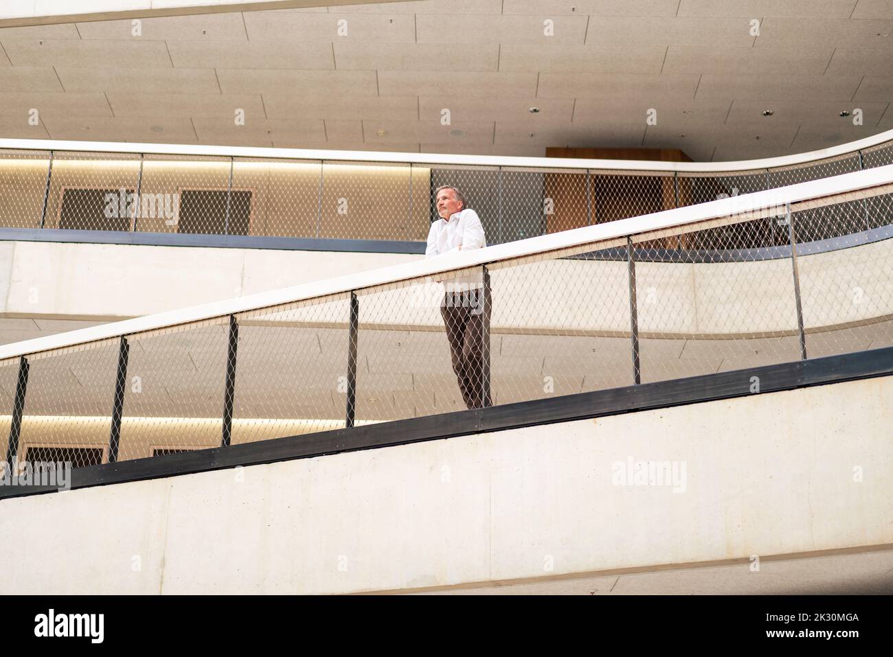 Senior businessman leaning on railing in office corridor Stock Photo ...