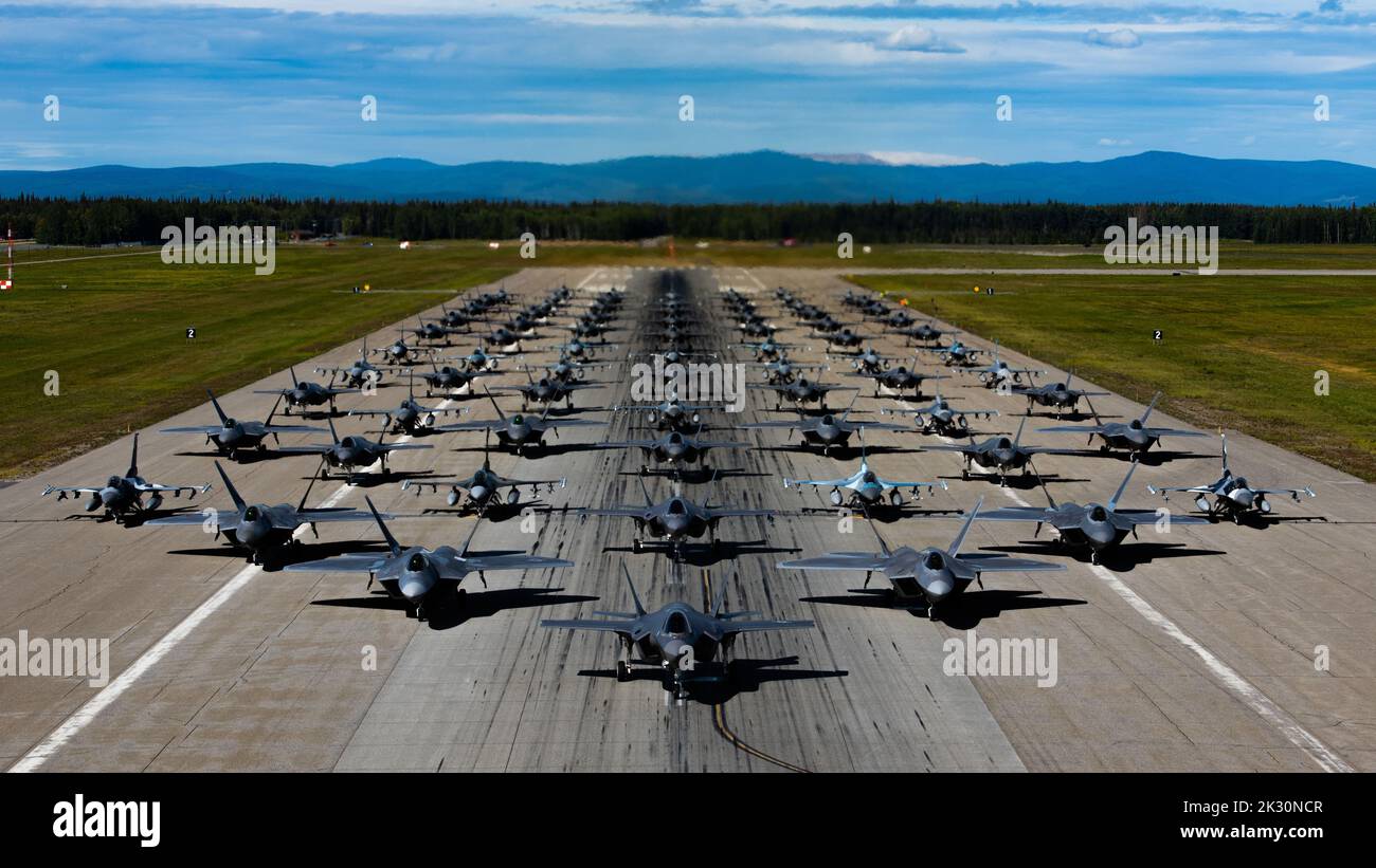 The 354th Fighter Wing conducts a 75-fighter jet formation at Eielson ...