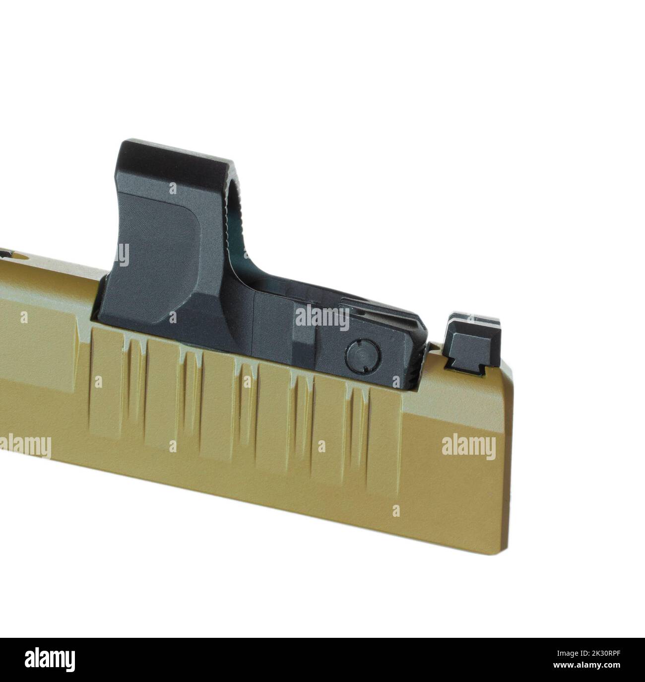 Red dot optic mounted on a semi auto pistol slide isolated on white ...