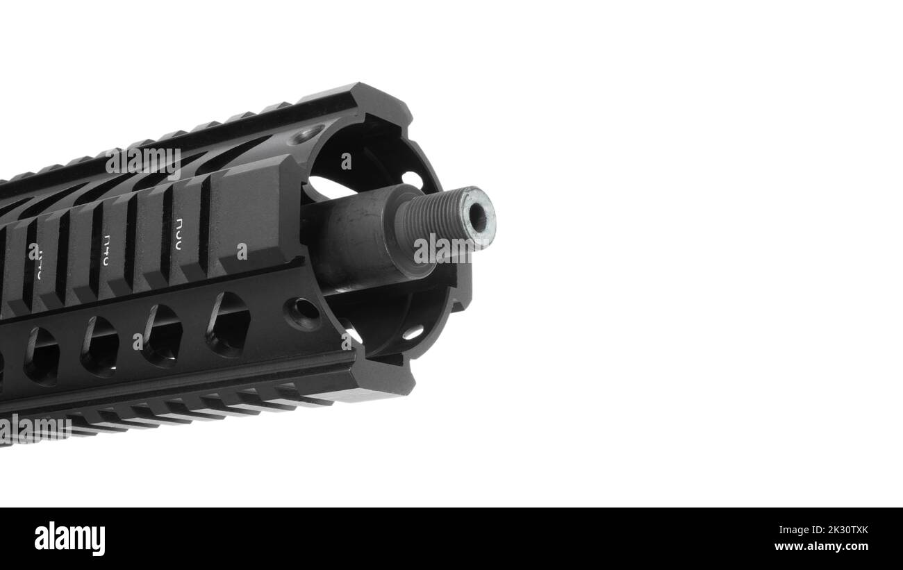 Threaded AR-15 barrel isolated on white with copy space to the right ...