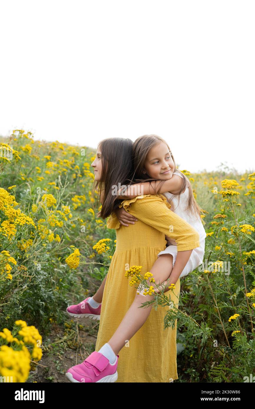 Girl enjoying piggyback ride from sister in field Stock Photo - Alamy