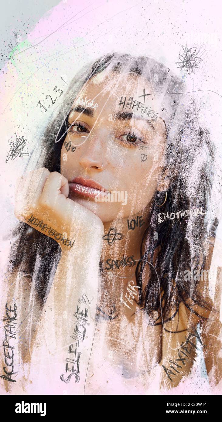 Digital composite image of woman with different words Stock Photo - Alamy