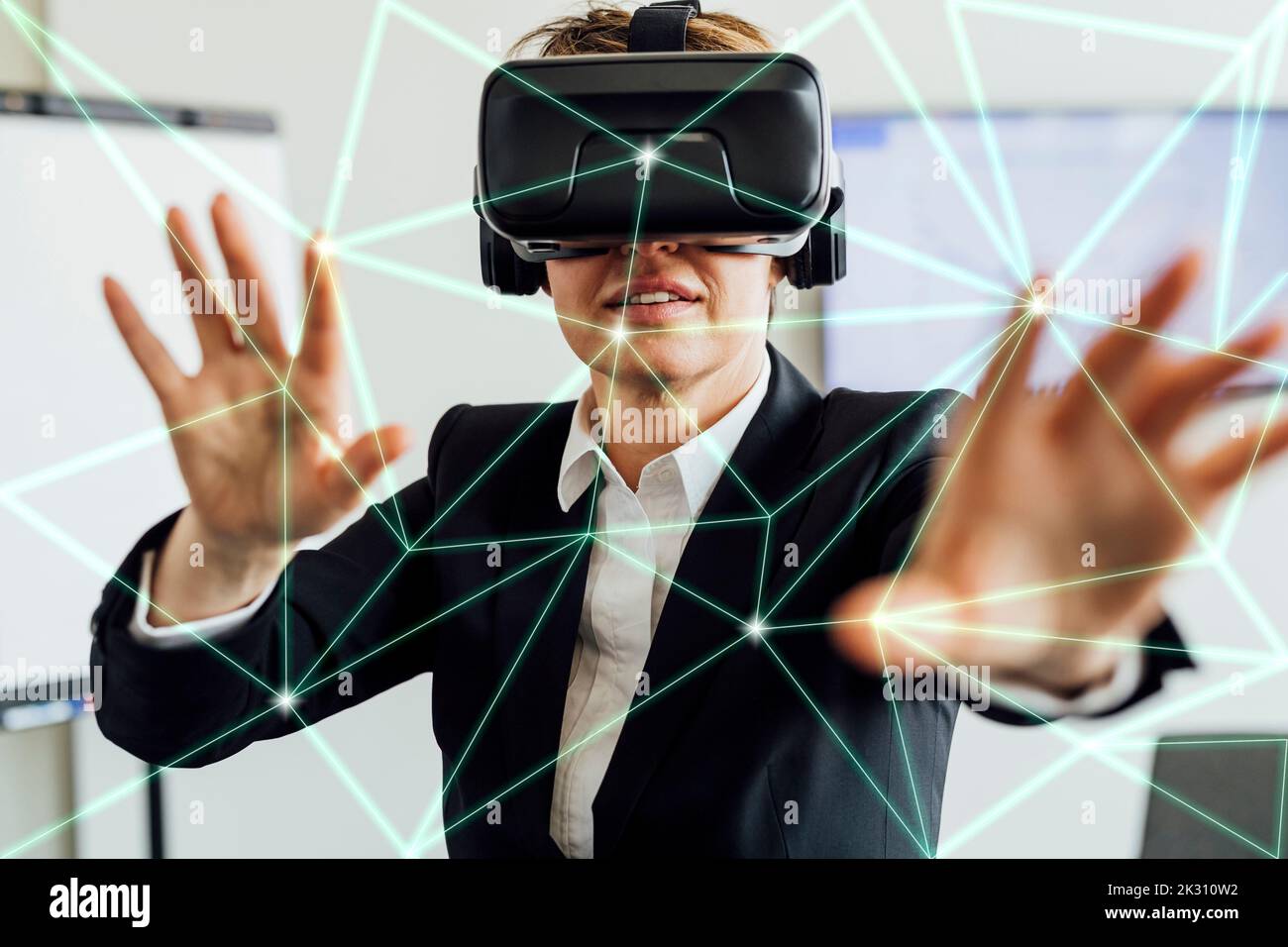 Businesswoman wearing smart glasses working on transparent screen Stock ...