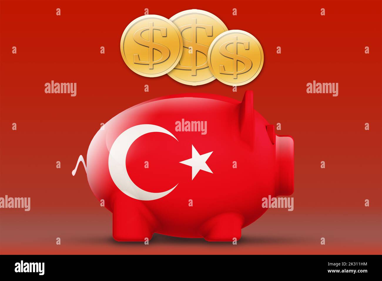 Piggy bank with Turkey flag and gold coin, 3d rendering Stock Photo - Alamy