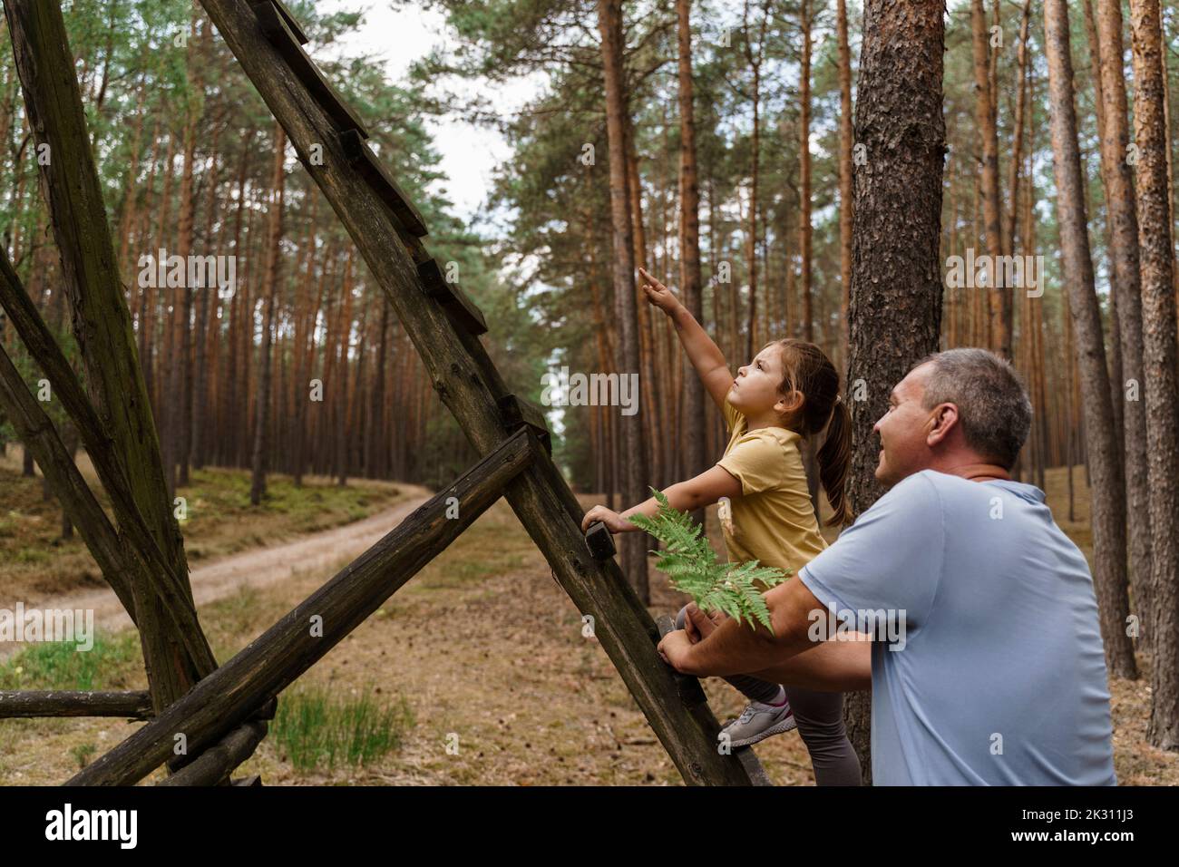 Girl climbing ladder and gesturing to man in forest Stock Photo - Alamy