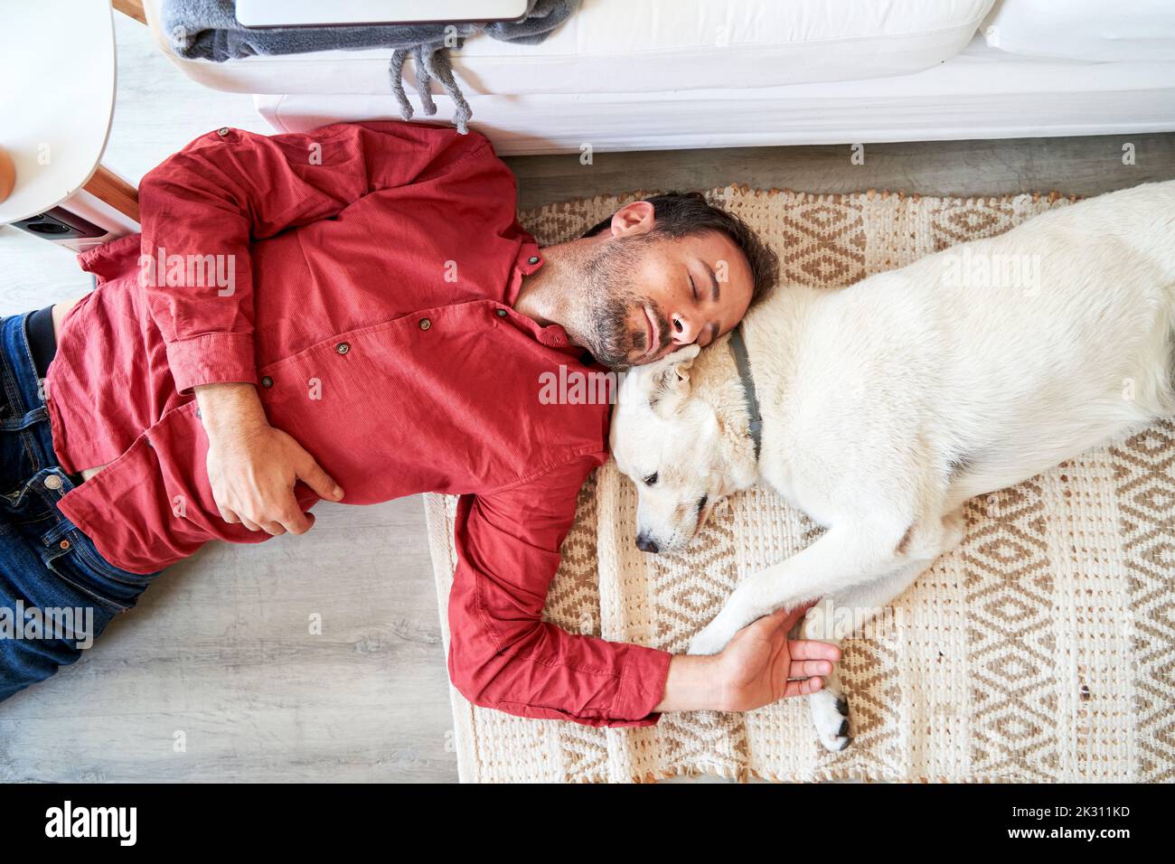 Man and dog sleeping together on carpet at home Stock Photo - Alamy