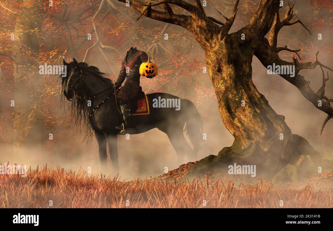 The Headless Horseman riding a black stallion emerges from behind a ...