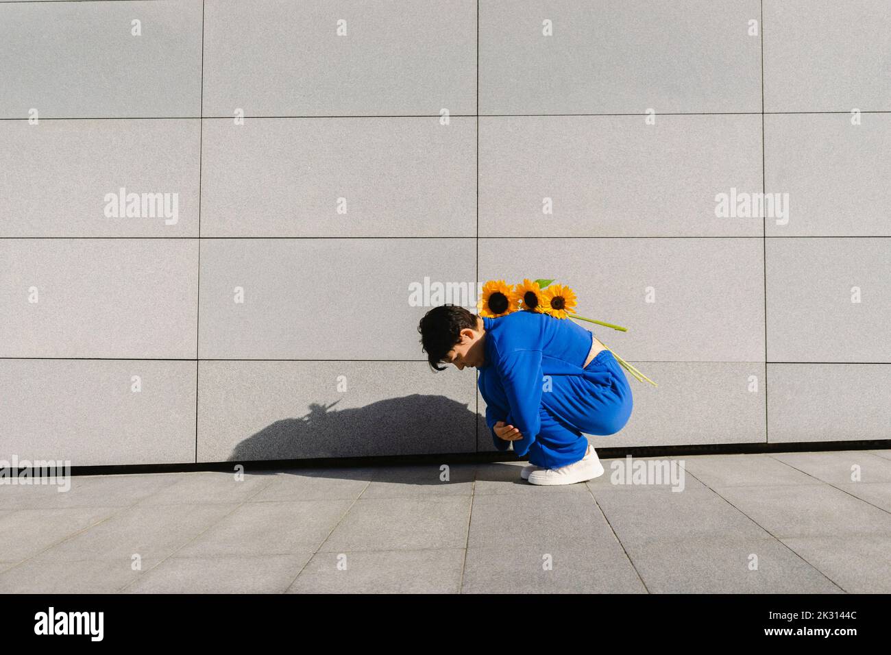 Woman with sunflowers on back crouching by wall Stock Photo - Alamy