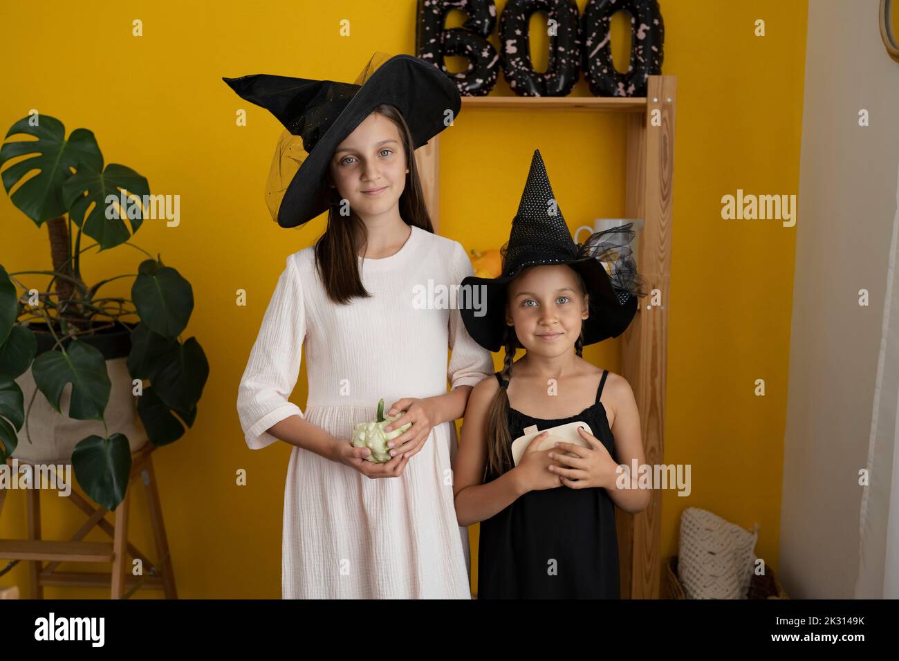 Smiling girl with sister wearing witch costume at home Stock Photo - Alamy