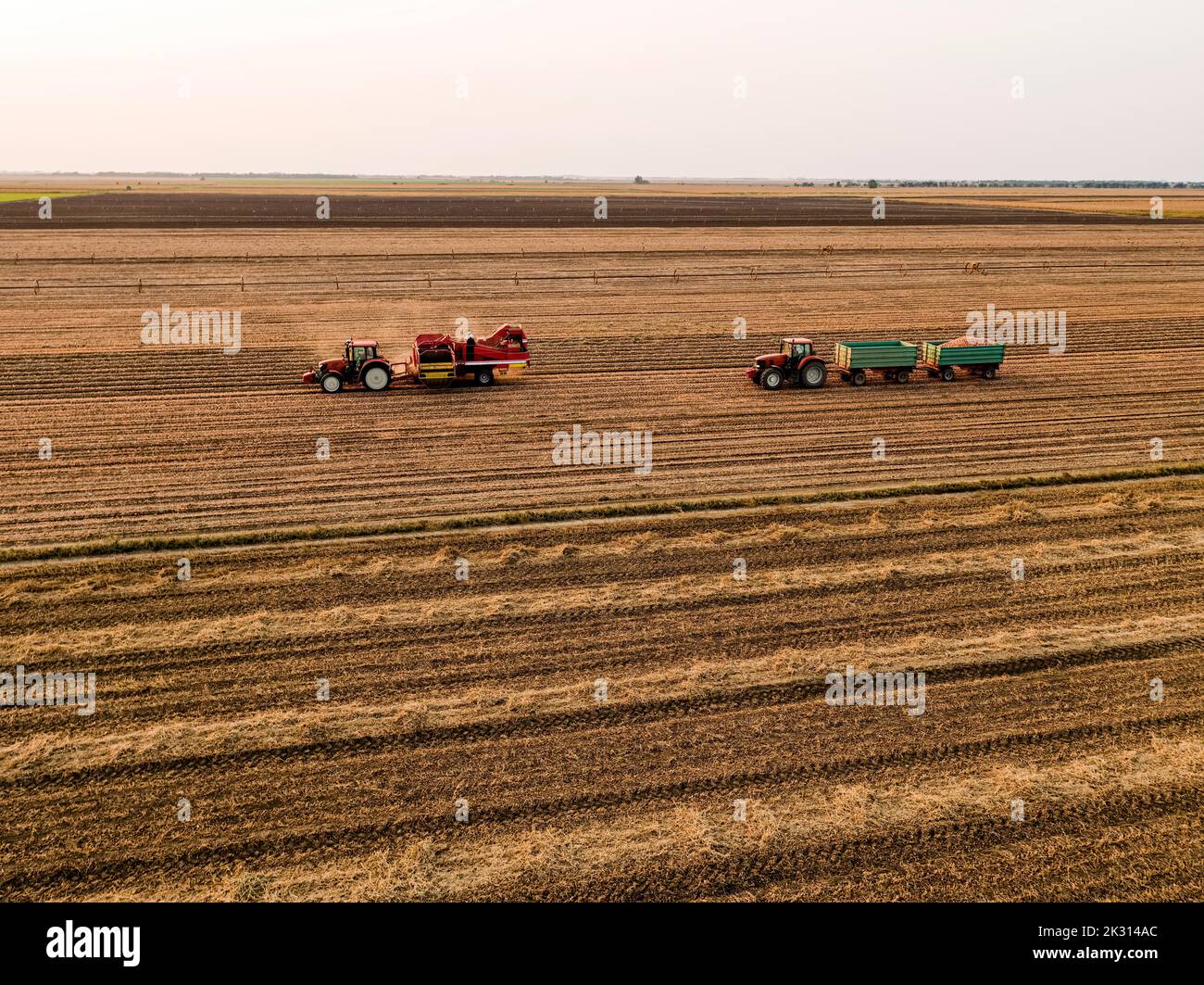 Combine harvester and tractor in farm at sunset Stock Photo - Alamy