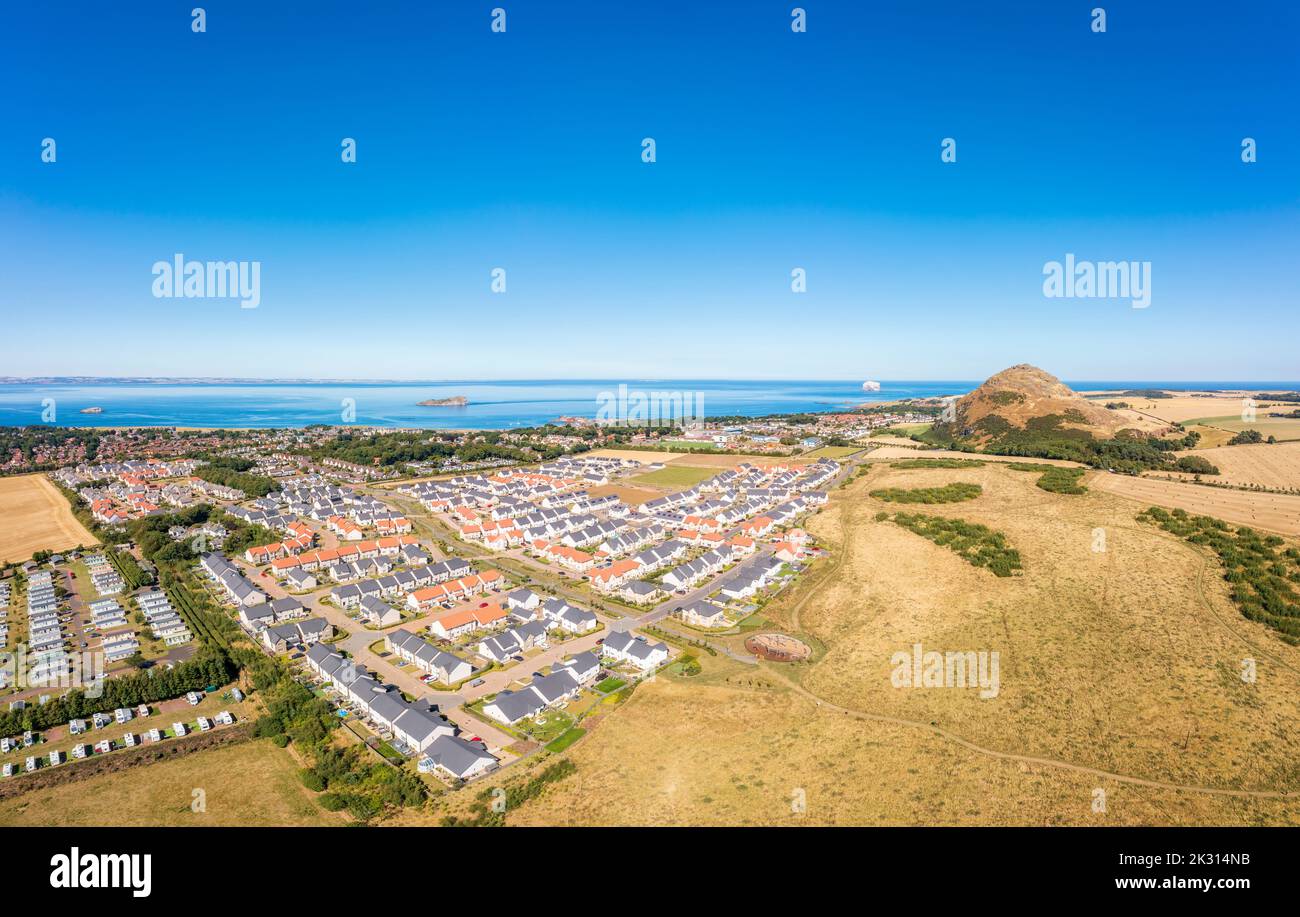UK, Scotland, North Berwick, Aerial view of houses of coastal town in ...