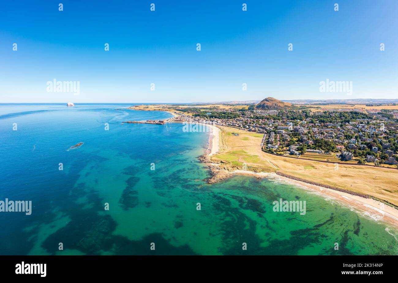 UK, Scotland, North Berwick, Aerial view of coastal town in summer ...