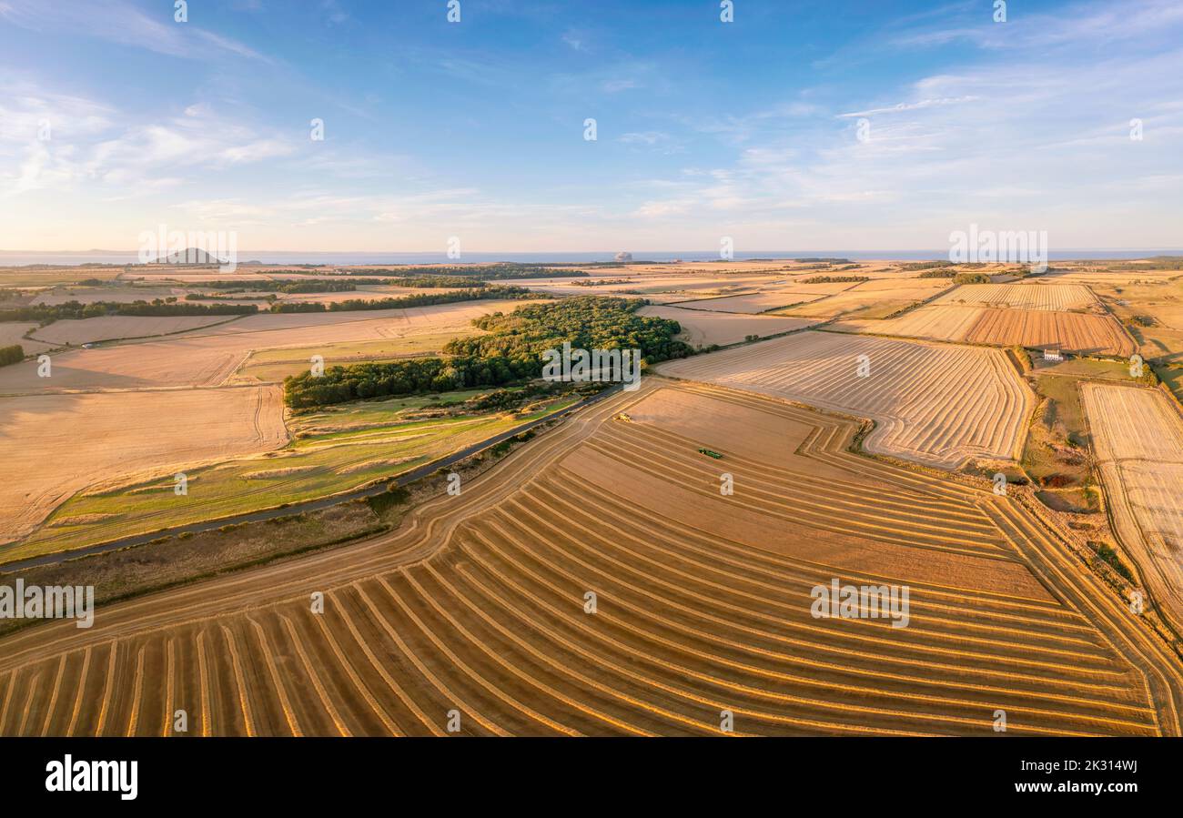 UK, Scotland, Aerial view of harvested barley fields in summer Stock ...