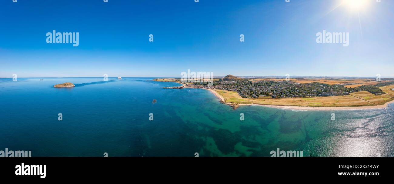 UK, Scotland, North Berwick, Aerial panorama of coastal town and ...