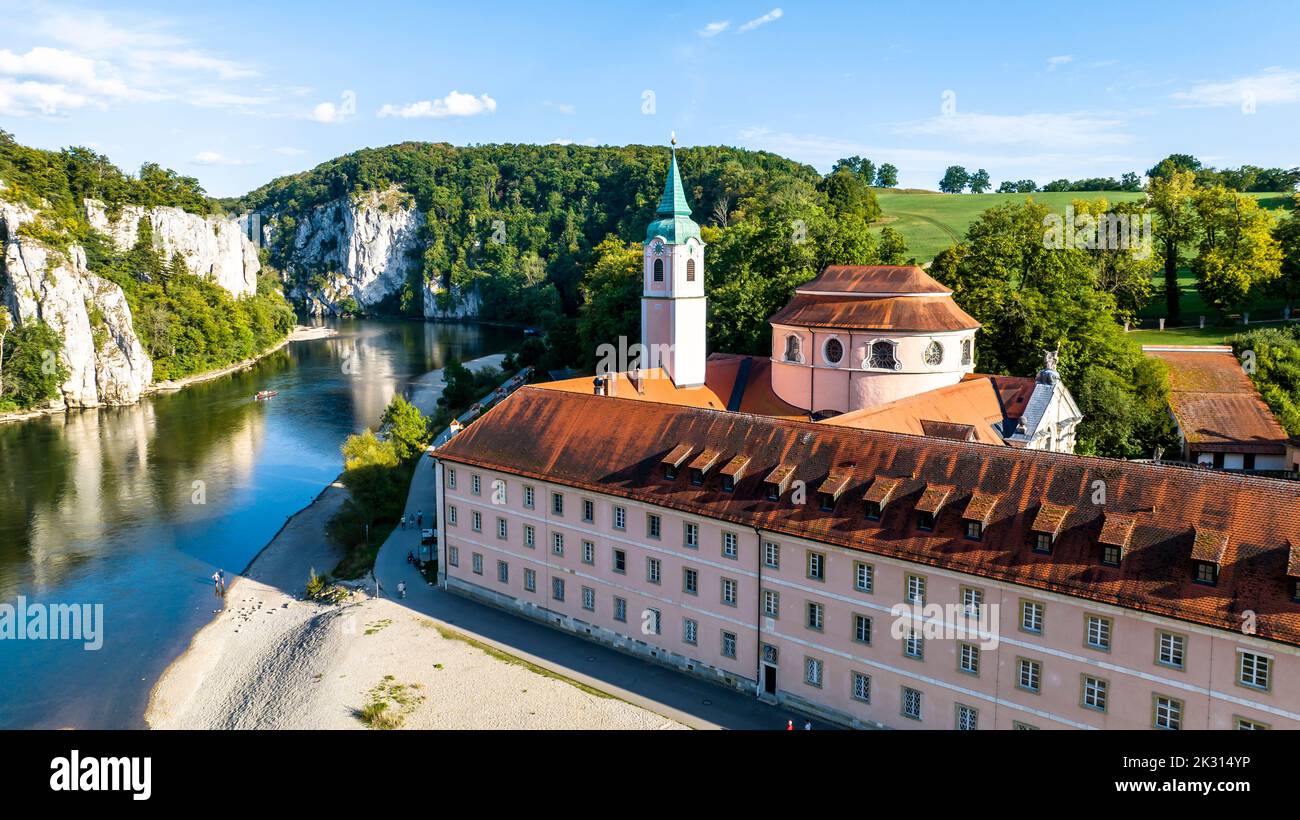 Germany, Bavaria, Kelheim, Aerial view of Weltenburg Abbey in summer ...