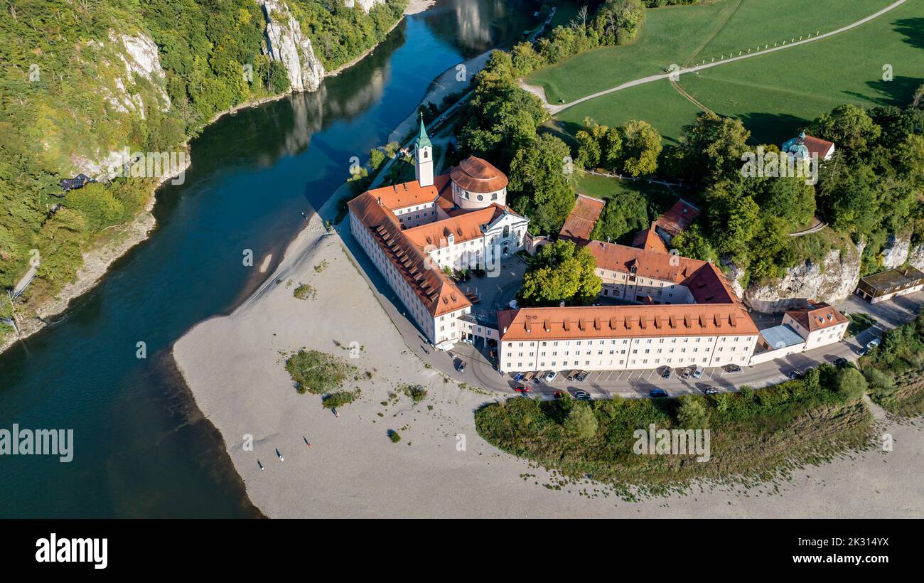 Germany, Bavaria, Kelheim, Aerial view of Weltenburg Abbey in summer ...