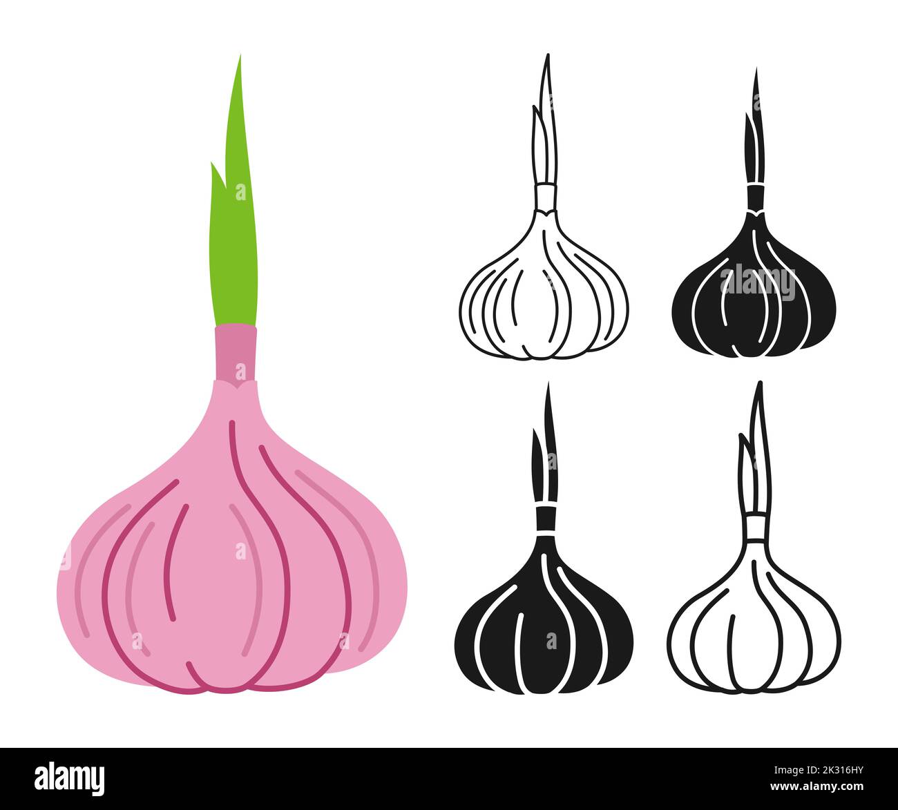 Garlic spice cartoon linear symbol set, doodle style, engraving ...