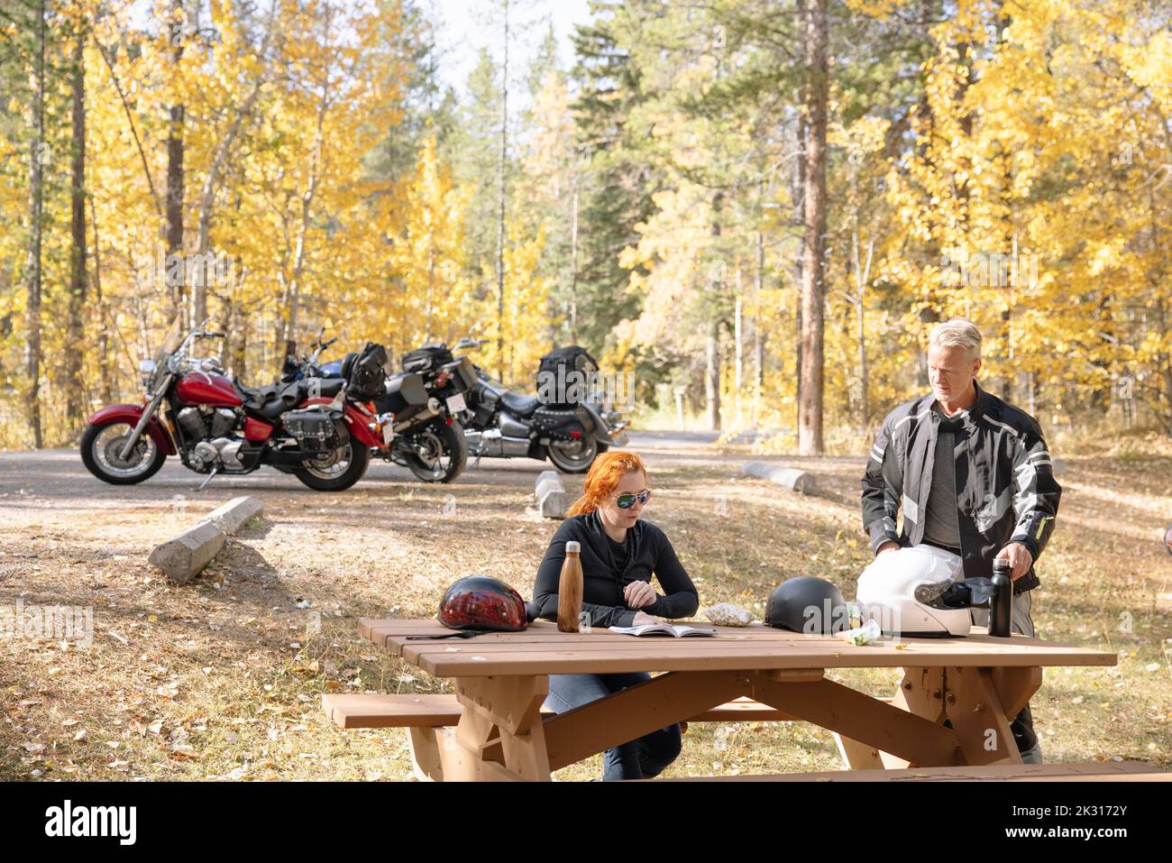 Bikers taking a break at picnic table in forest Stock Photo - Alamy