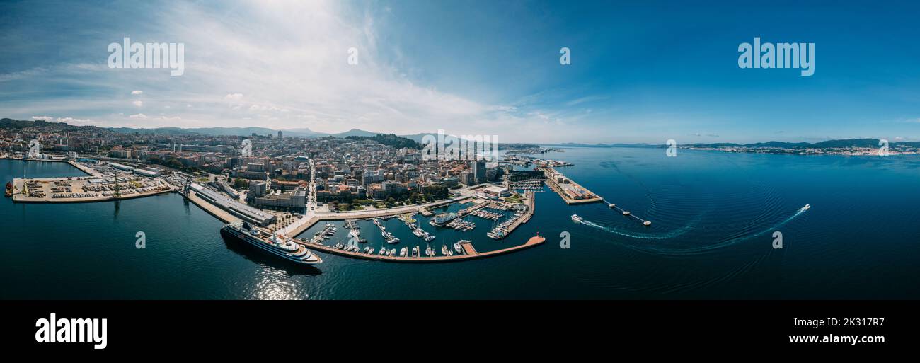 Aerial view of the important commercial and fishing port of Vigo in ...