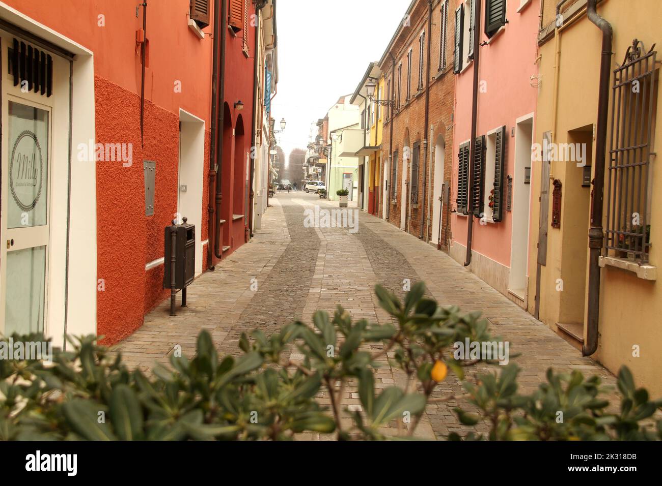 Cesenatico, Italy. Pedestrian alleyway edged by colorful residential ...